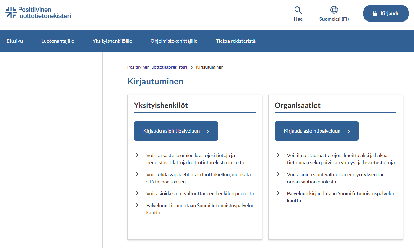 Kirjautuminen - Positiivinen luottotietorekisteri