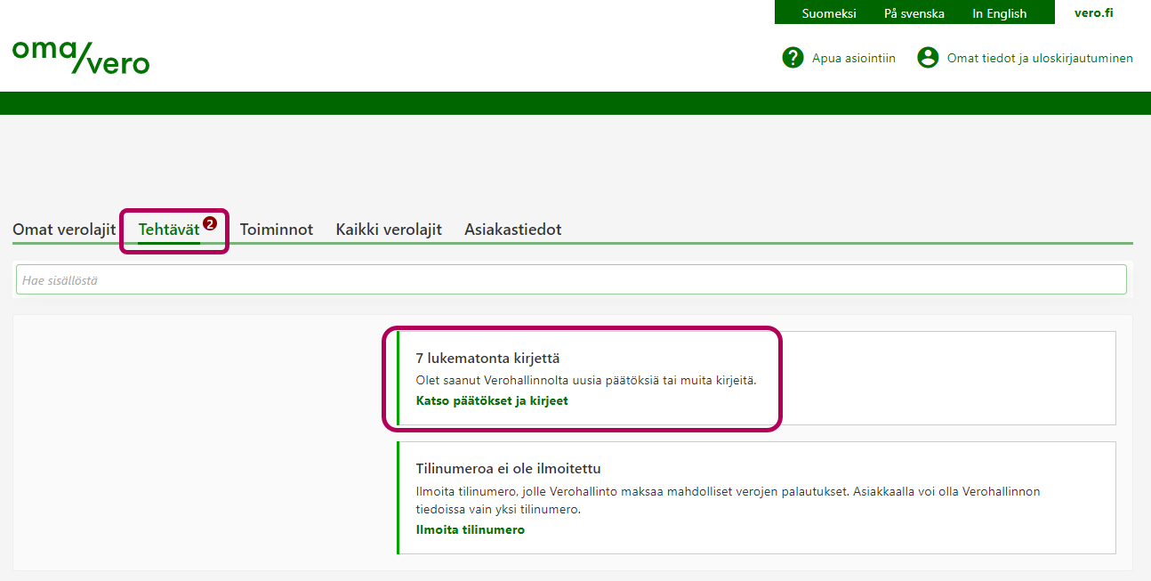 Kuinka saan poistettua OmaVeron tehtävistä lukemattomat kirjeet? - vero.fi